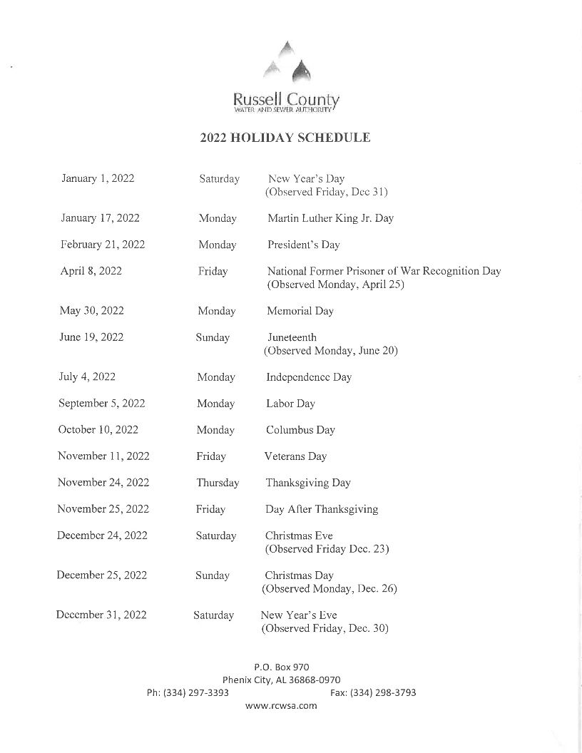 Holiday Schedule – Russell County Water Authority