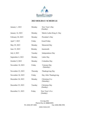 Holiday Schedule – Russell County Water Authority